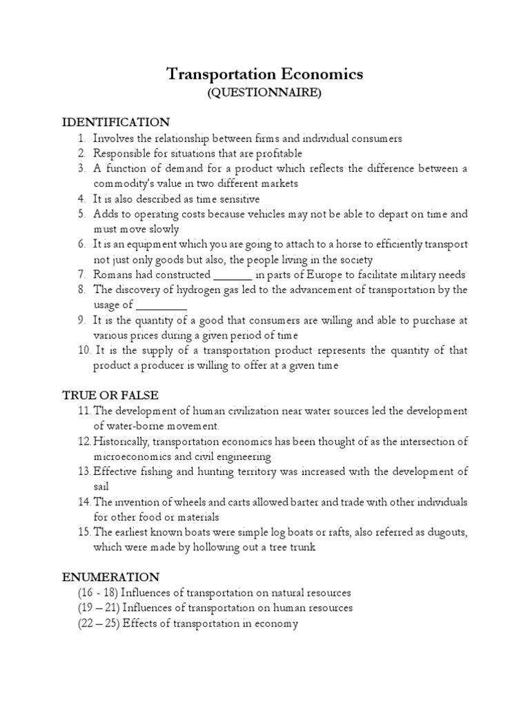 Transportation Economics Questionnaire | PDF | Transport | Public Transport