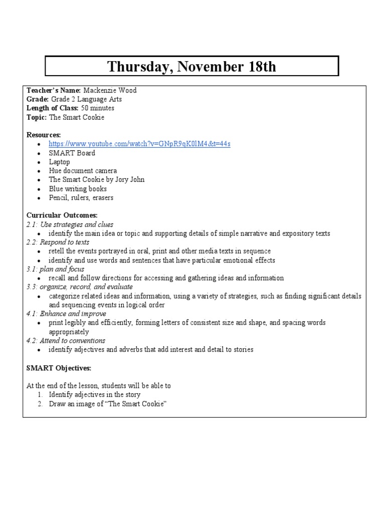 Smart Cookie Lesson Plan for Grade 2 | PDF | Books | Communication