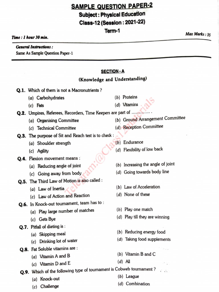 2022 Physical Education MCQs Sample Paper 02 | PDF | Anatomical Terms ...