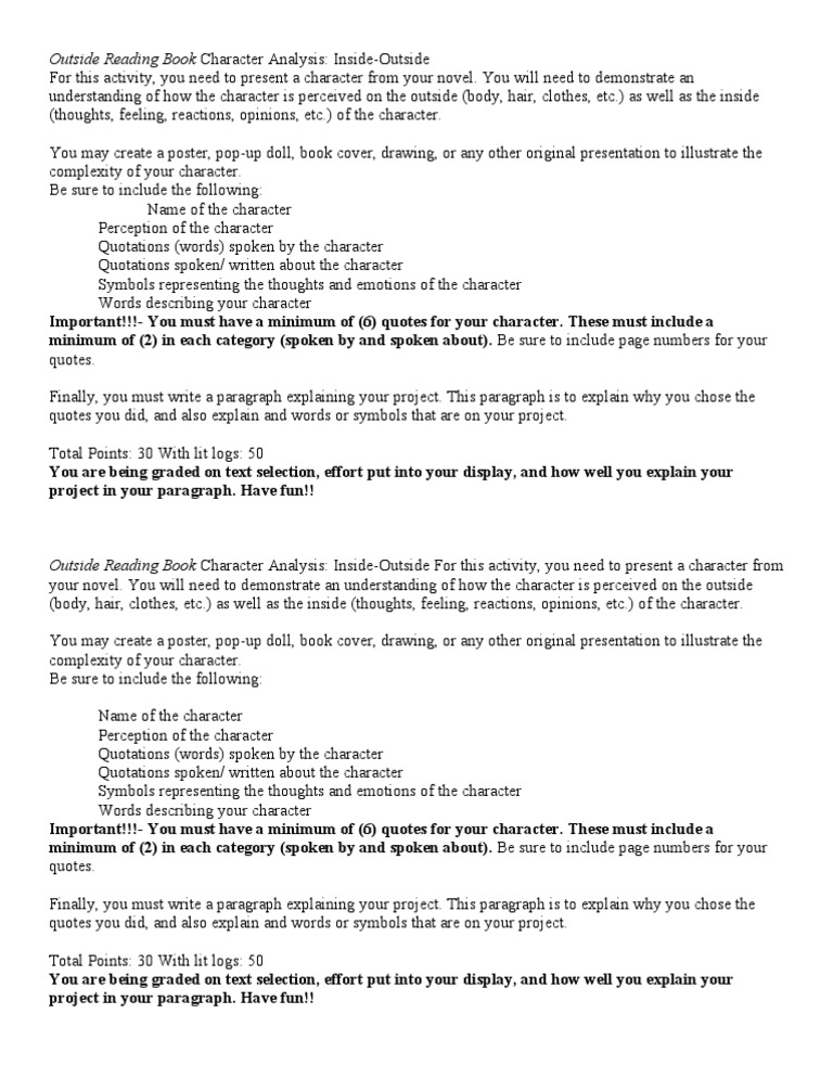 Outside Reading Book Character Analysis | PDF | Feeling | Perception