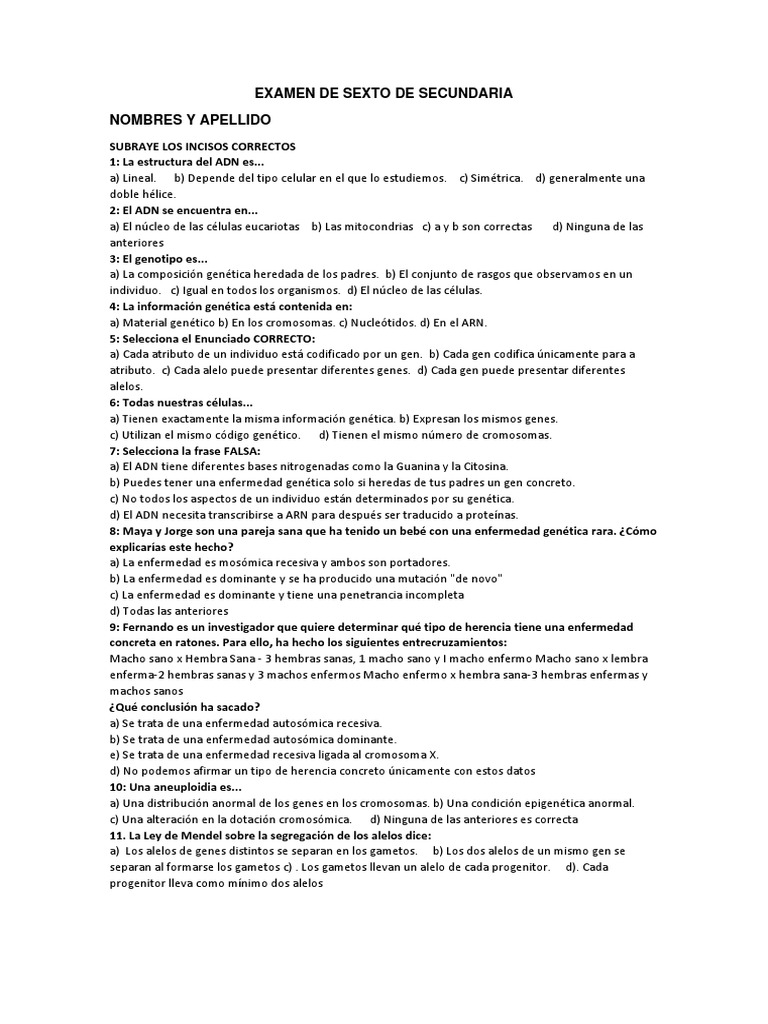 Examen Genetica Sexto | PDF | Genética | Gene