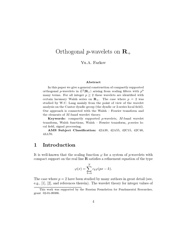 Orthogonal P-Wavelets On R: + Yu.A. Farkov | PDF | Wavelet | Mathematics