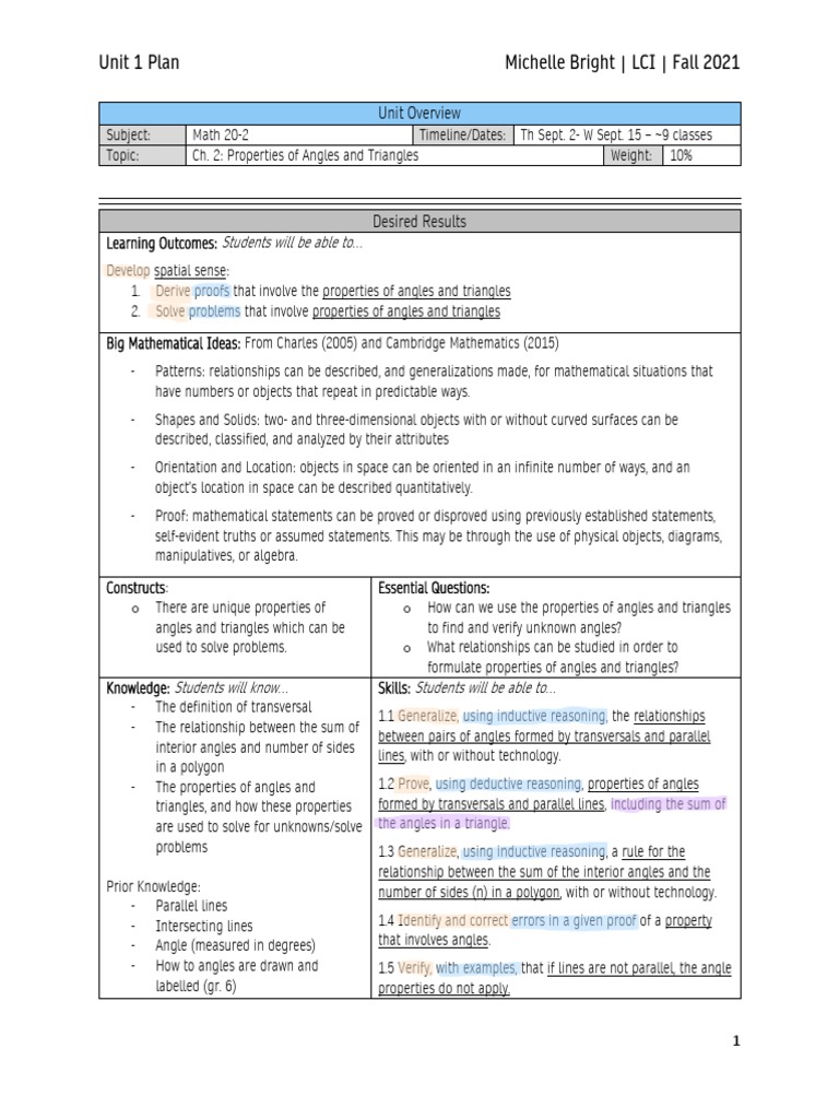 Angles and Triangles Unit Plan 2021 | PDF | Triangle | Angle