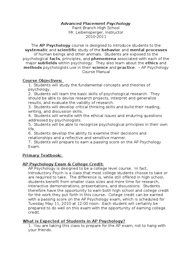 AP Psych Syllabus | PDF | Advanced Placement | Psychology