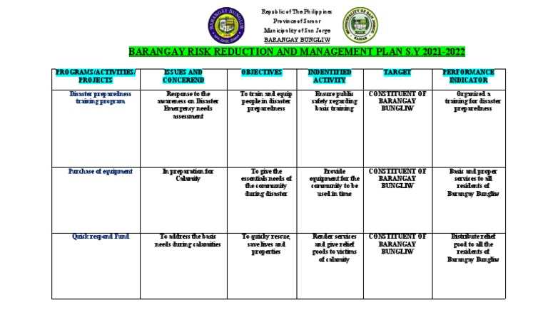 Barangay Risk Reduction and Management Plan S.Y 2021-2022: Disaster ...