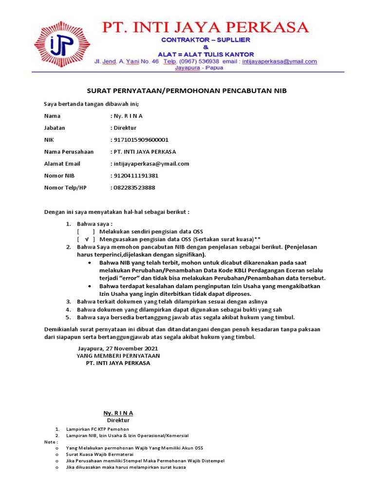 Surat Pernyataan Permohonan Pencabutan Nib | PDF