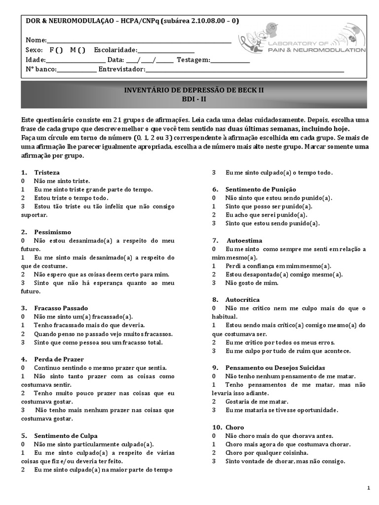 Inventário de Depressão de Beck II - BDI-II (Com Ponto de Corte ...