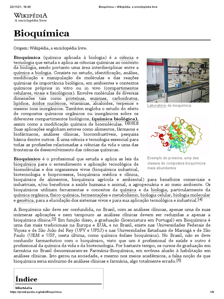 Bioquímica - Wikipédia, A Enciclopédia Livre | PDF | Bioquímica | Química