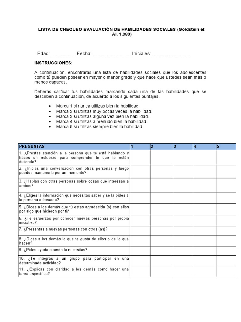 Lista de Chequeo Evaluación de Habilidades Sociales | PDF
