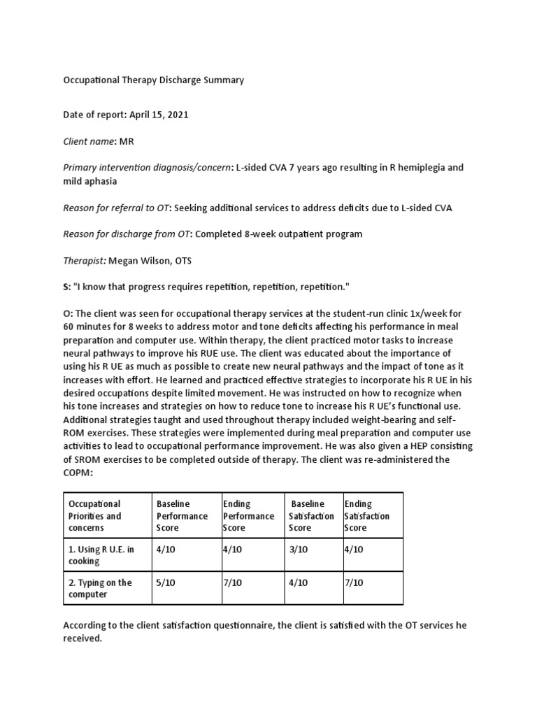 Discharge Note | PDF | Occupational Therapy | Medical Specialties