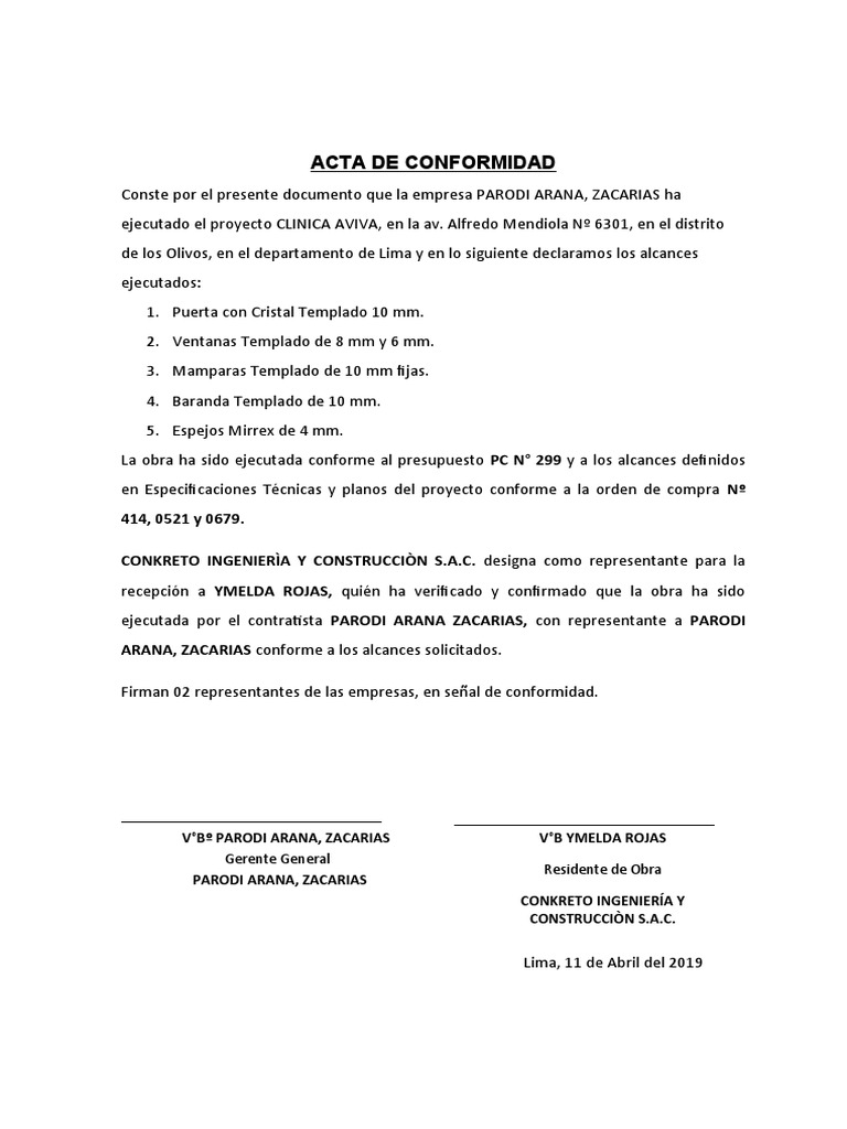 Ejemplo De Acta De Conformidad Modelos De Hojas