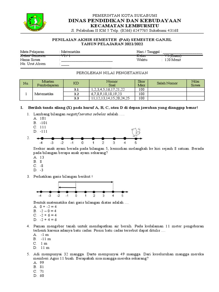 Soal PAS Ganjil Matematika Kelas 6 | PDF | Griya & Taman