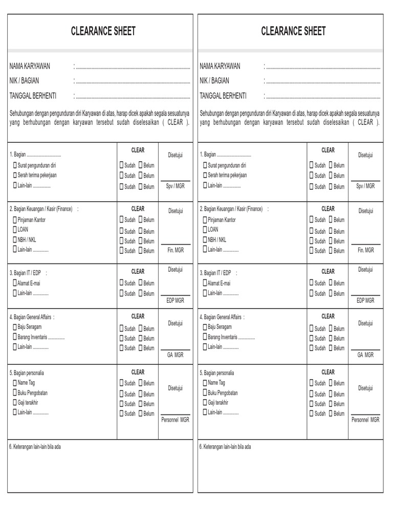 Clearance Sheet | PDF