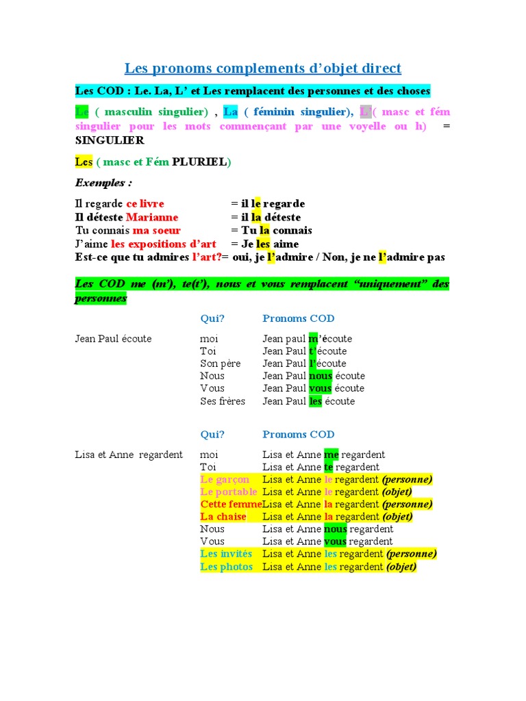 Pronoms COD : Utilisation et Exemples | PDF | Genre grammatical ...