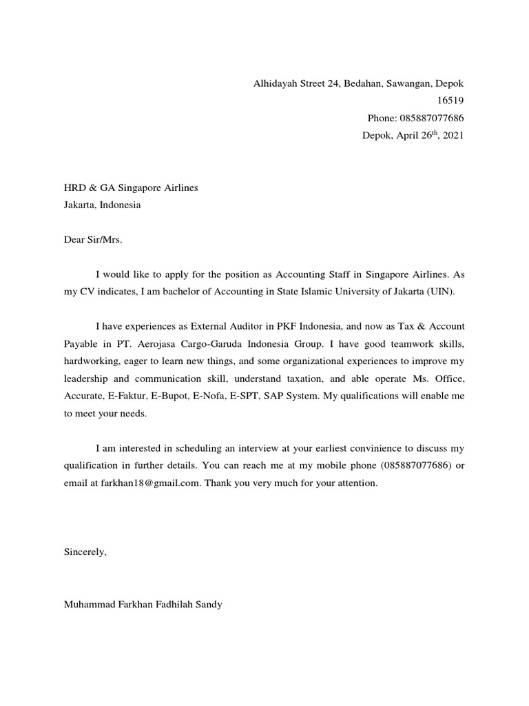 Application Letter - Singapore Airlines | PDF