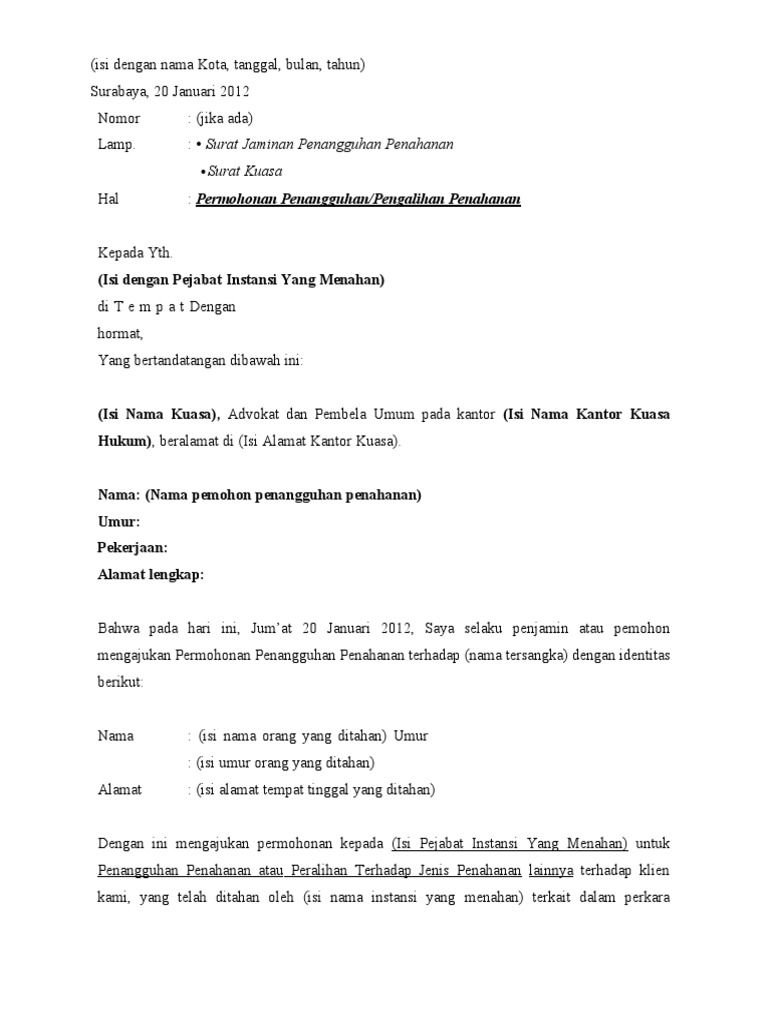 Contoh Surat Permohonan Penangguhan Penahanan | PDF | Ilmu Sosial | Hukum