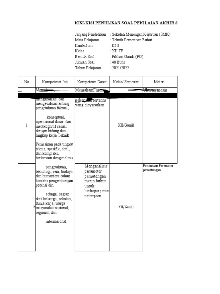 Kisi-Kisi Tek. Pemesinan Bubut XII TP | PDF