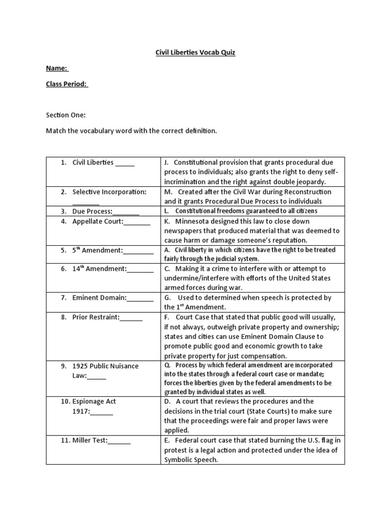Civil Liberties Vocab Quiz Answer Key | PDF | Fourteenth Amendment To ...