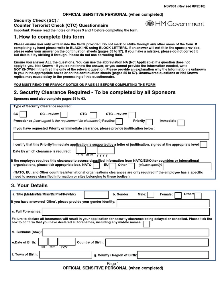 National Security Vetting Questionnaire | PDF | Security Clearance ...