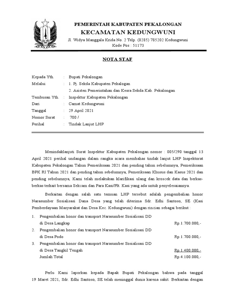 Nota Staf Tindak Lanjut LHP | PDF
