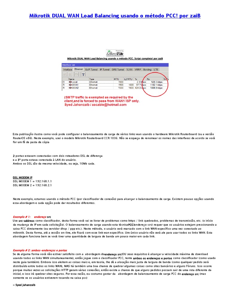 Mikrotik DUAL WAN Load Balancing Usando o Método PCC! | PDF | Endereço ... Mikrotik DUAL WAN Load Balancing Usando o Método PCC! | PDF | Endereço ...