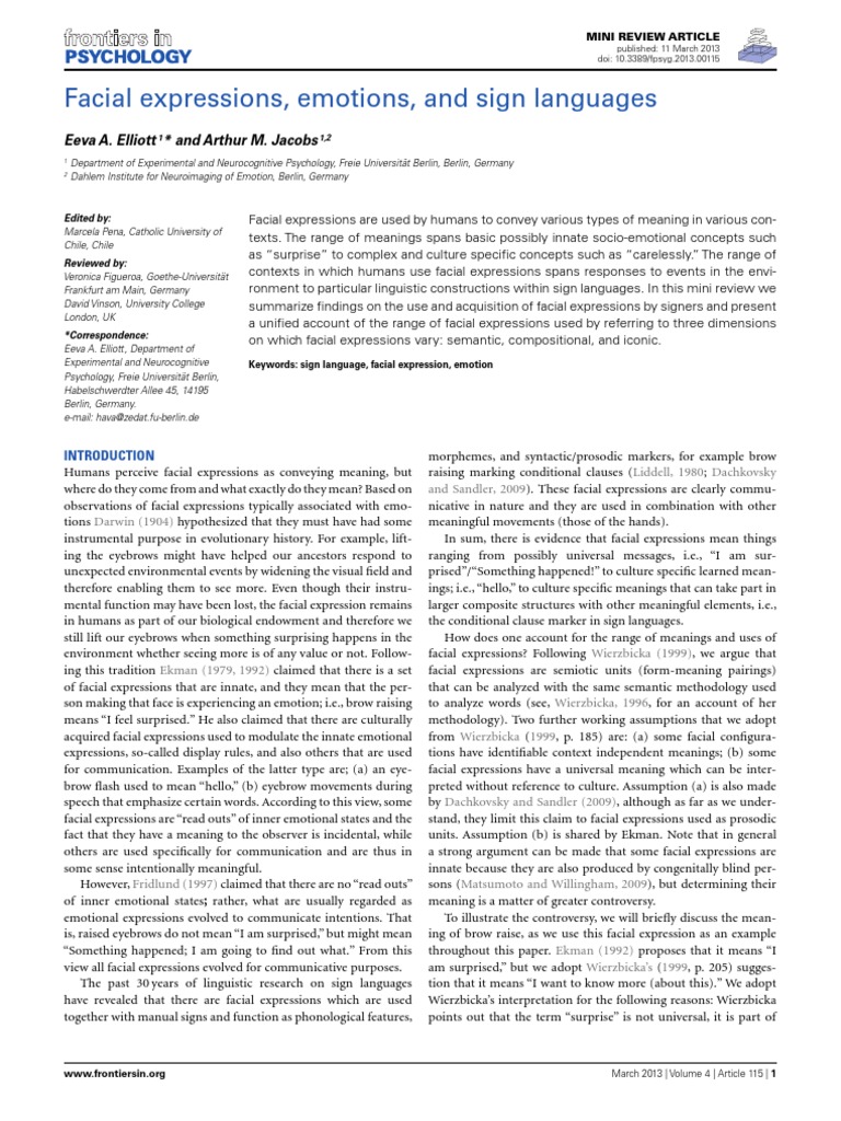 Facial Expressions, Emotions, and Sign Languages: Eeva A. Elliott and ...