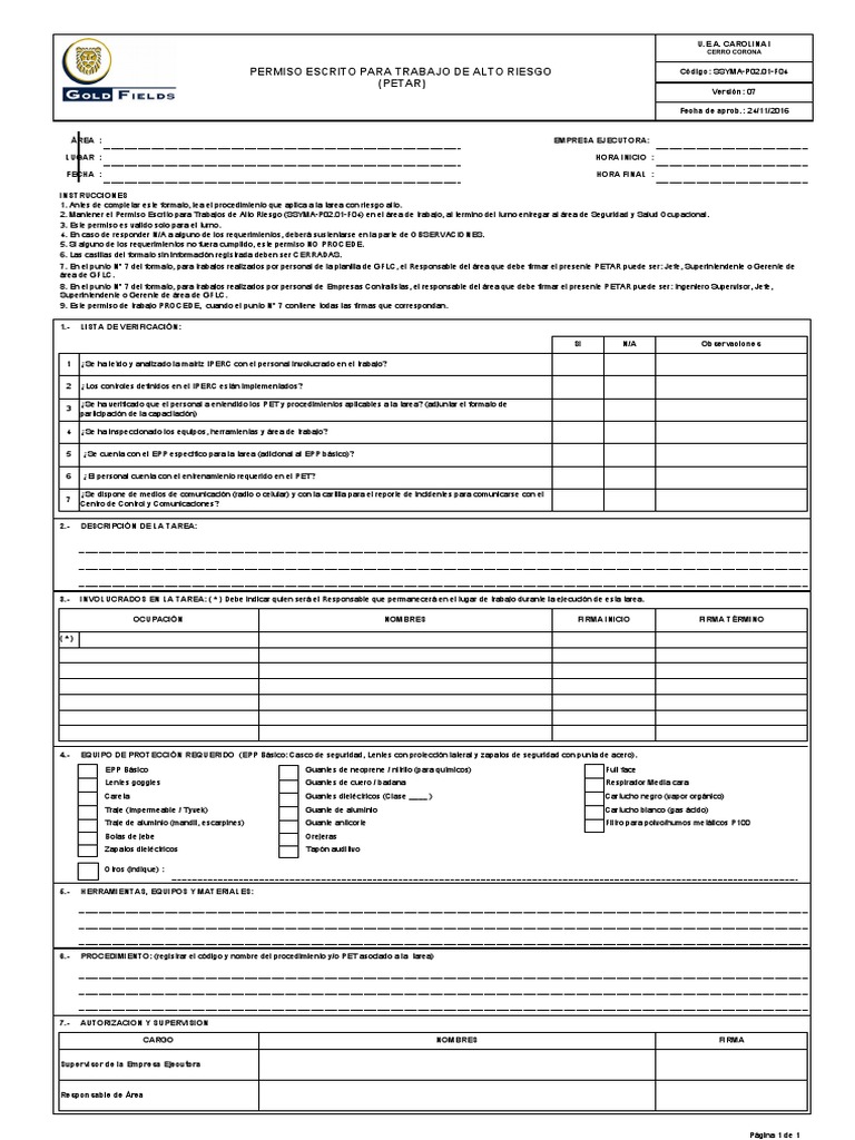 SSYMA-P02.01-F04 Permiso Escrito para Trabajo de Alto Riesgo (PETAR) V7 | PDF