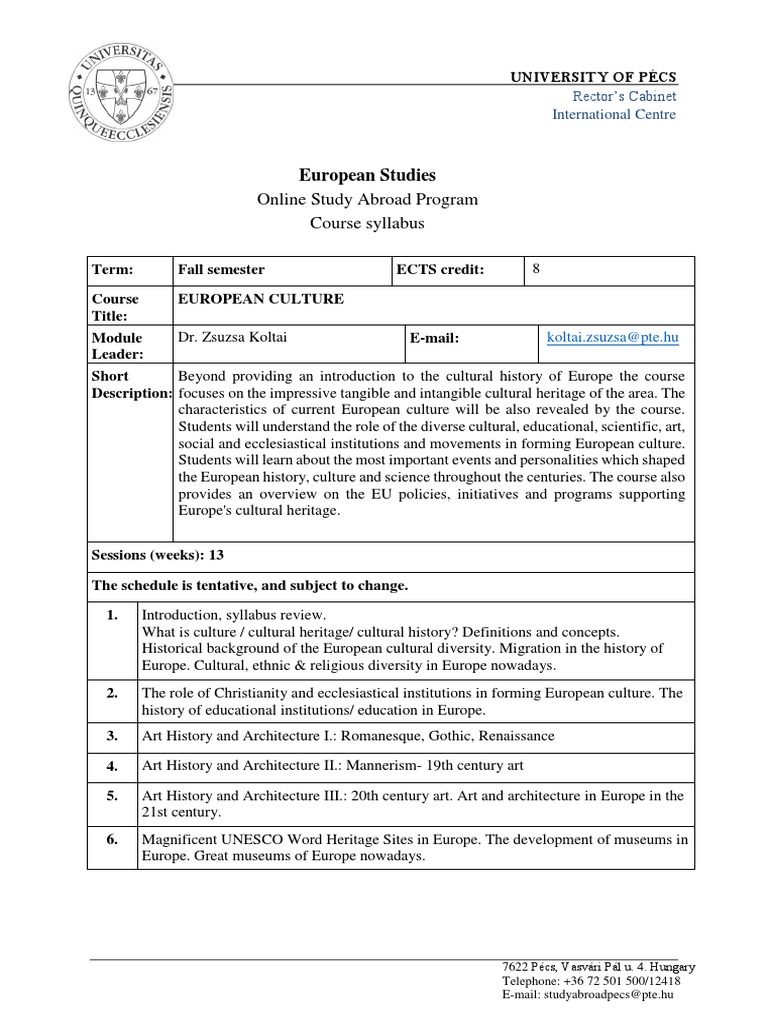 Online Study Abroad Program Course Syllabus: European Studies | PDF ...