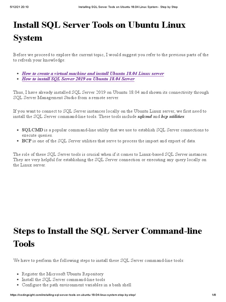 Installing SQL Server Tools On Ubuntu 18.04 Linux System - Step by Step | PDF | Microsoft Sql ...