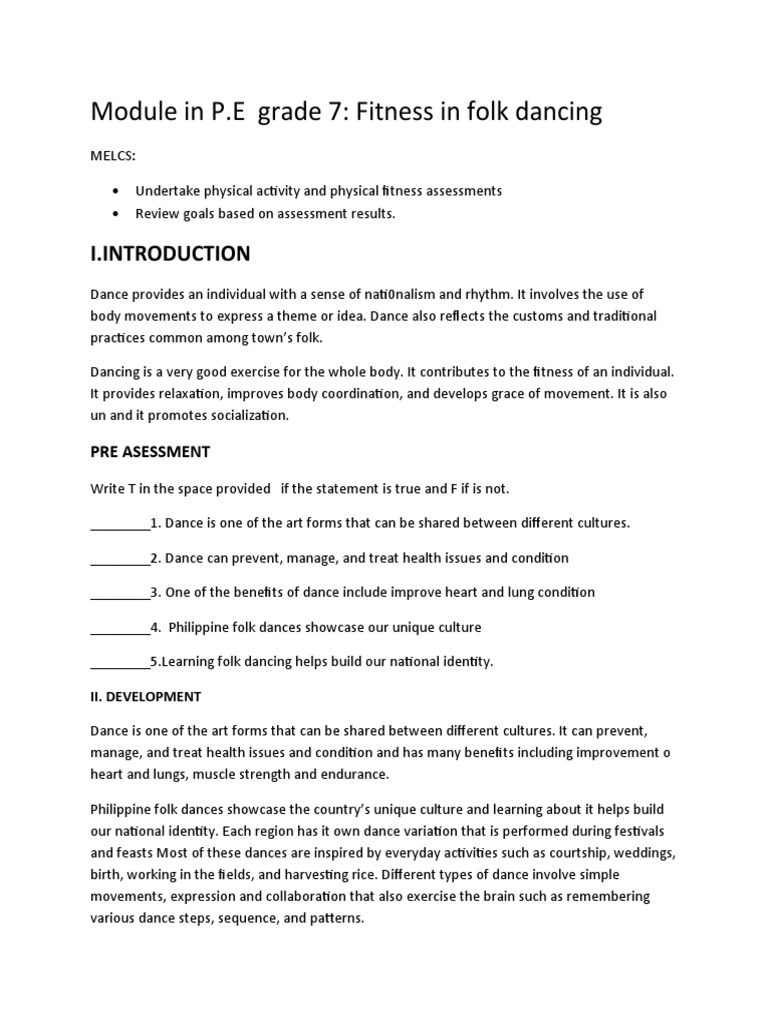 Module in P.E Grade 7: Fitness in Folk Dancing: Pre Asessment | PDF ...