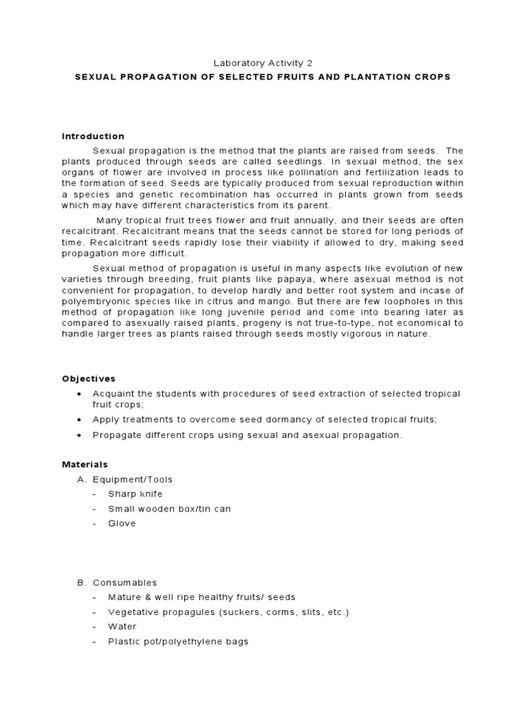 Lab Activity Propagation of Selected Tropical Fruits and Plantation ...