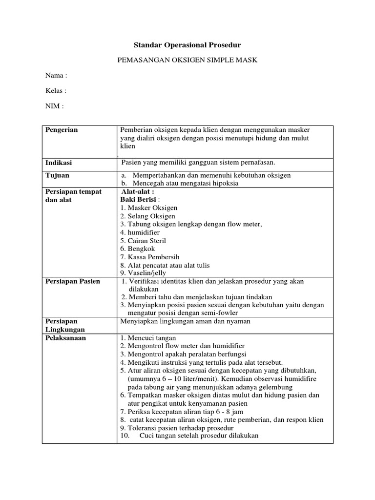 Pemasangan Oksigen Simple Mask | PDF