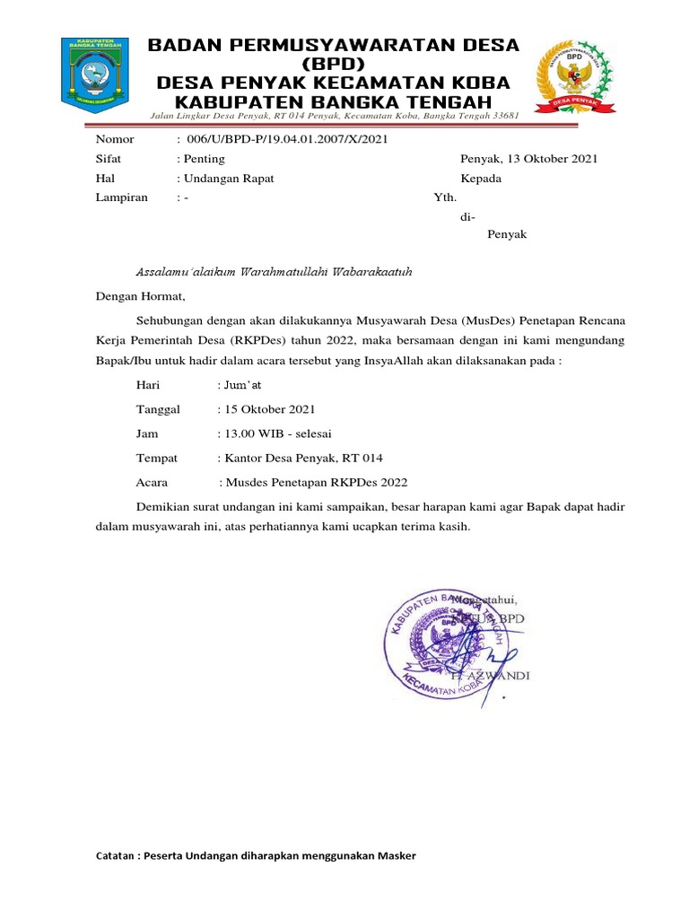 Surat Undangan Penetapan RKPDes 2022 | PDF