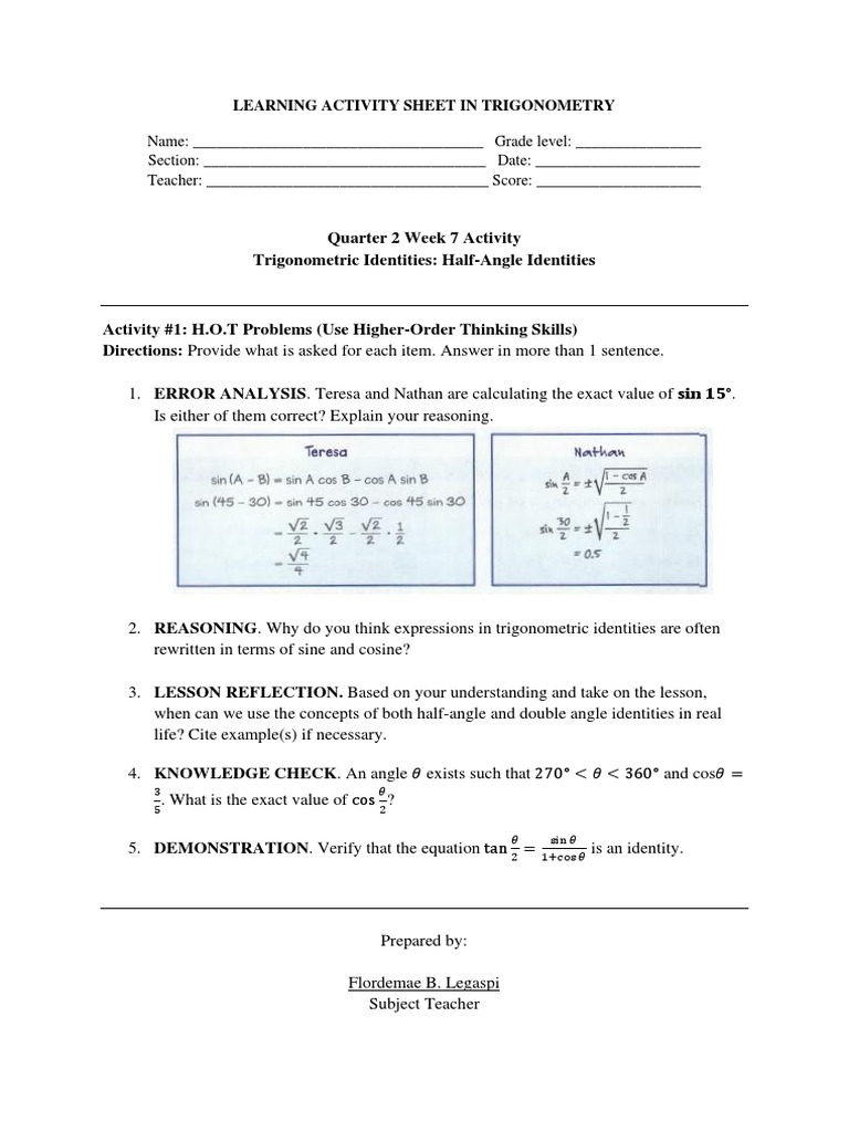 LAS Q2 Trigonometry Week 7 - Half-Angle Identities | PDF | Teaching ...