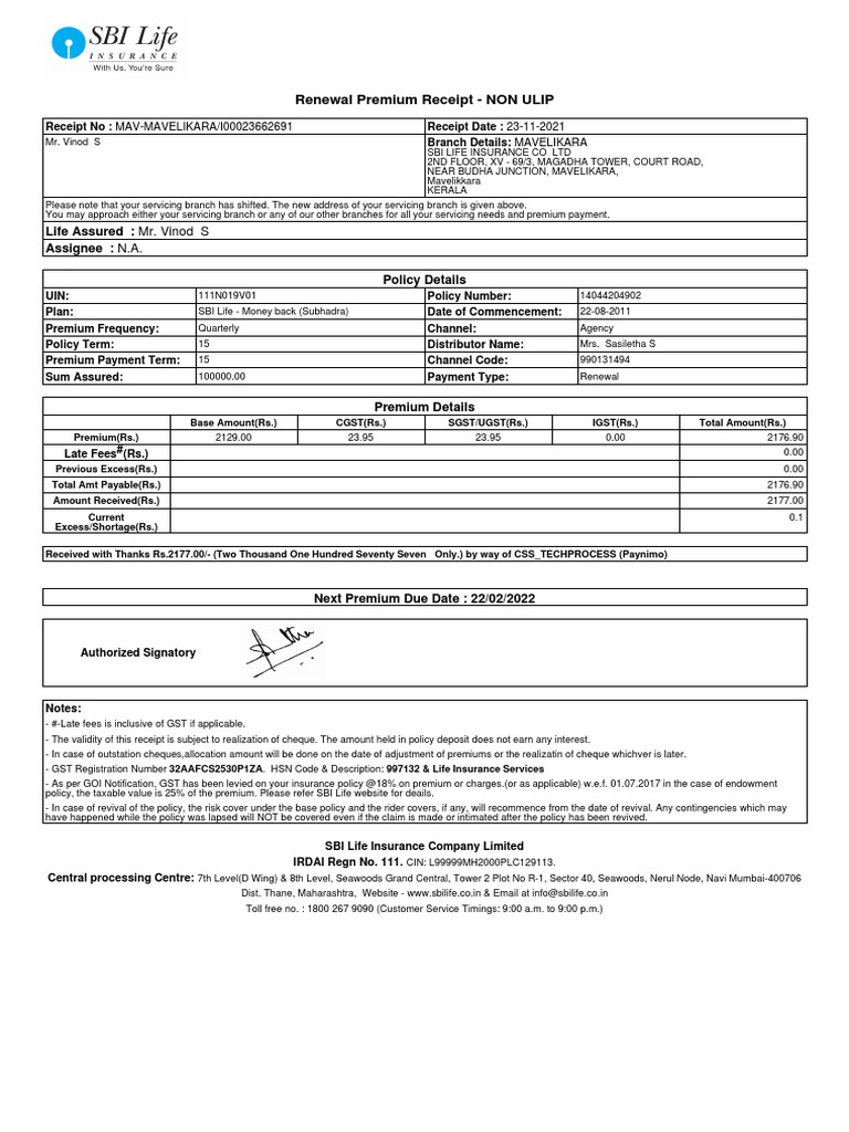 Renewal Premium Receipt for Mr. Vinod S's Non-ULIP Policy Maintaining ...