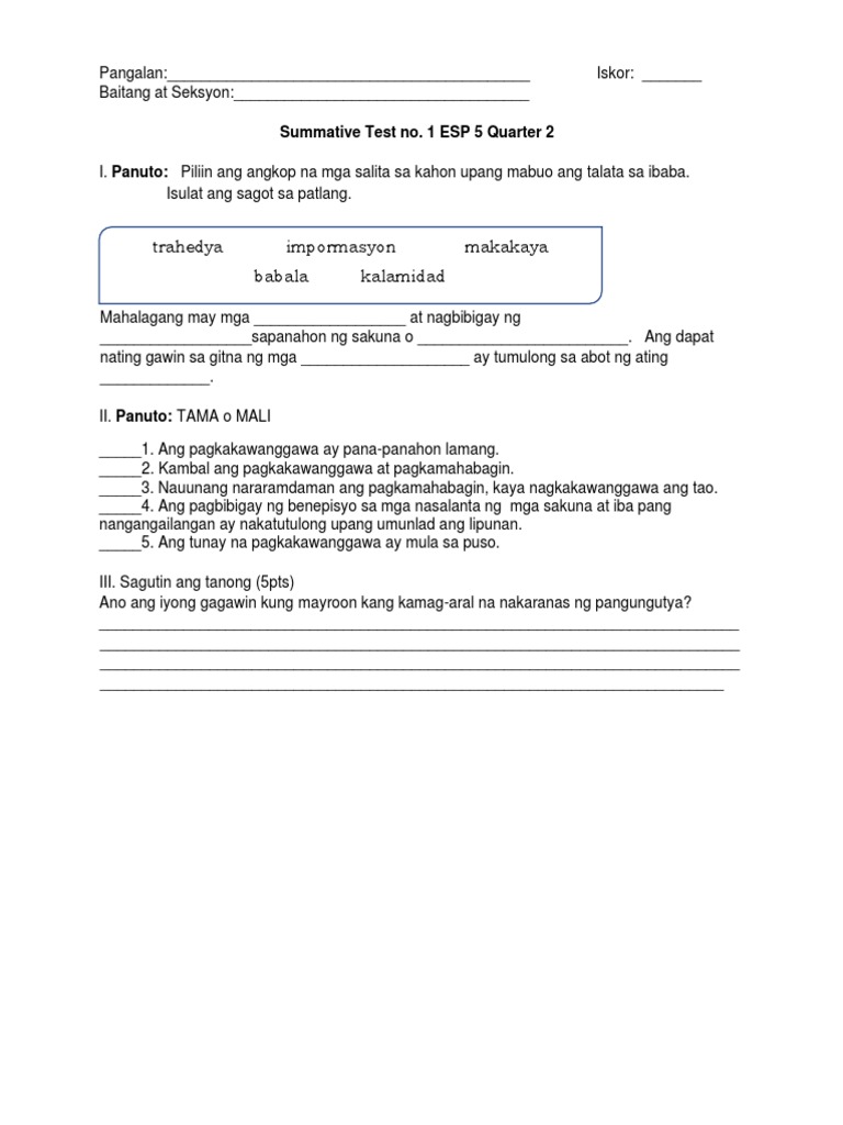 Grade 5 Quarter 2 Summative Test No. 1 All Subjects | PDF