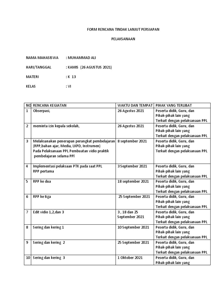 RTL (Form Rencana Tindak Lanjut Persiapan) | PDF