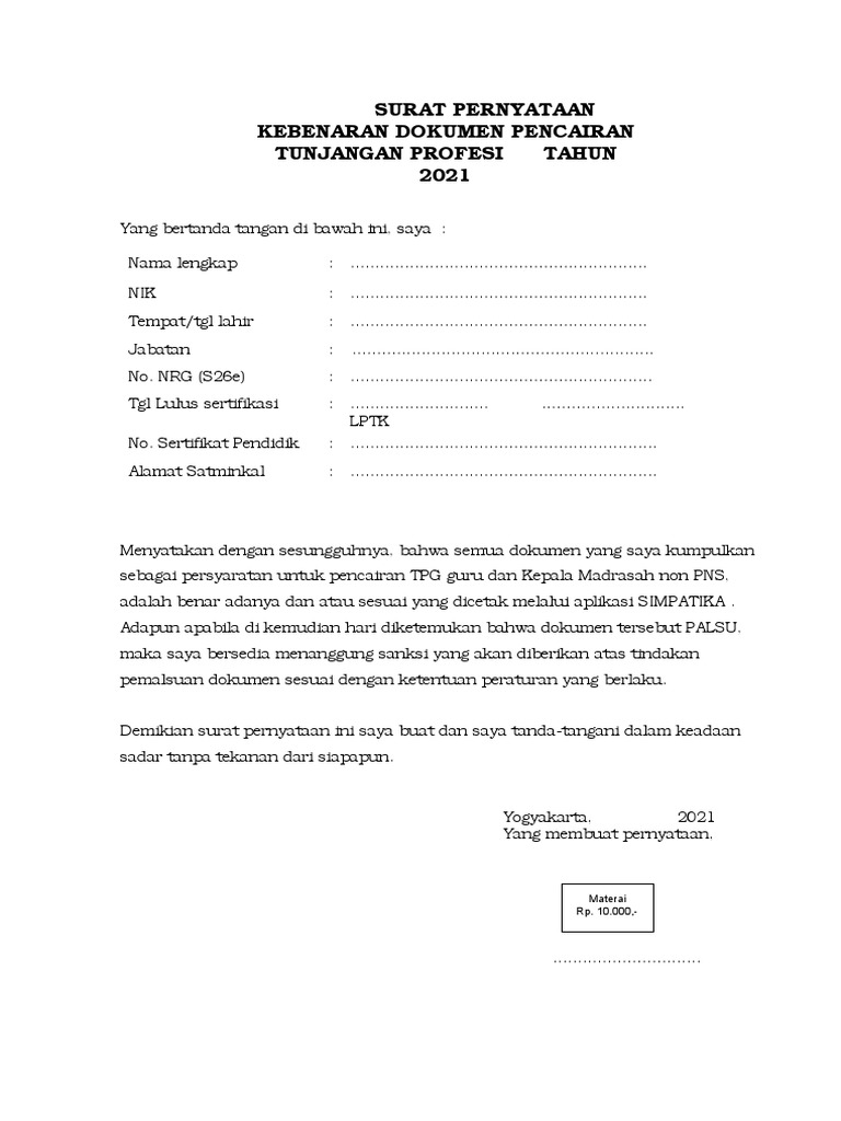 Surat Pernyataan TPG | PDF