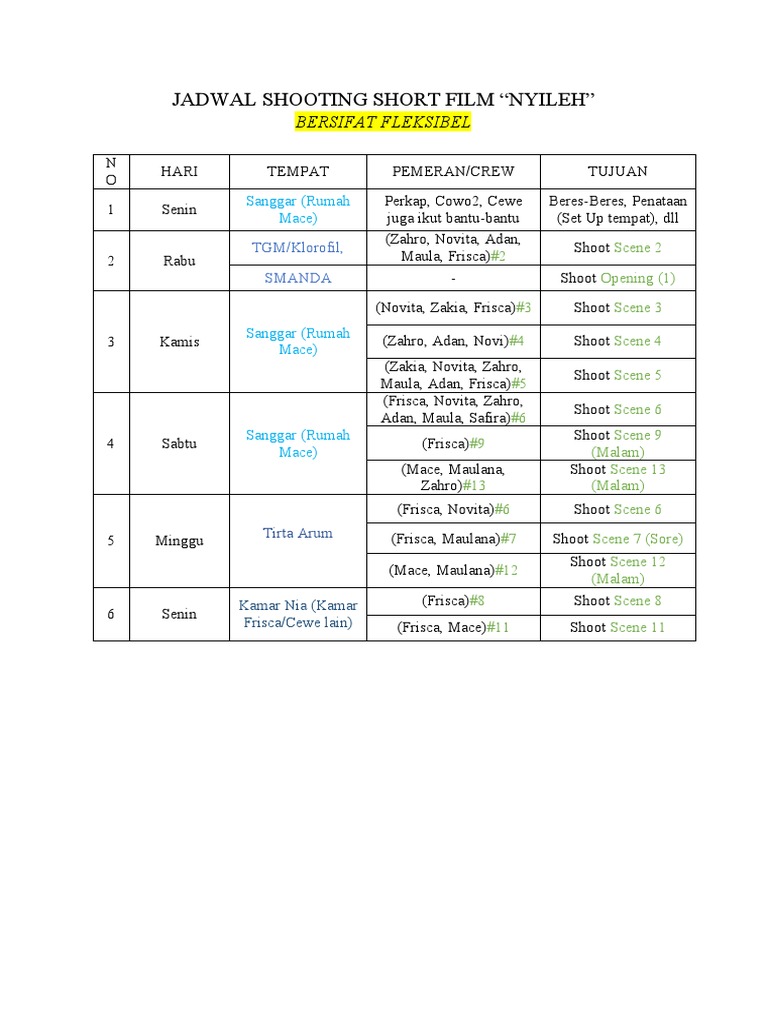 Jadwal Shooting Short Film | PDF