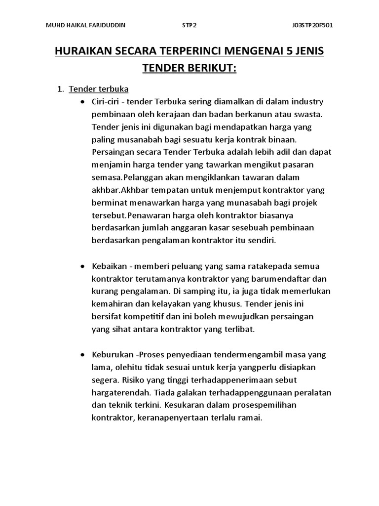 Huraikan Secara Terperinci Mengenai 5 Jenis Tender Berikut | PDF