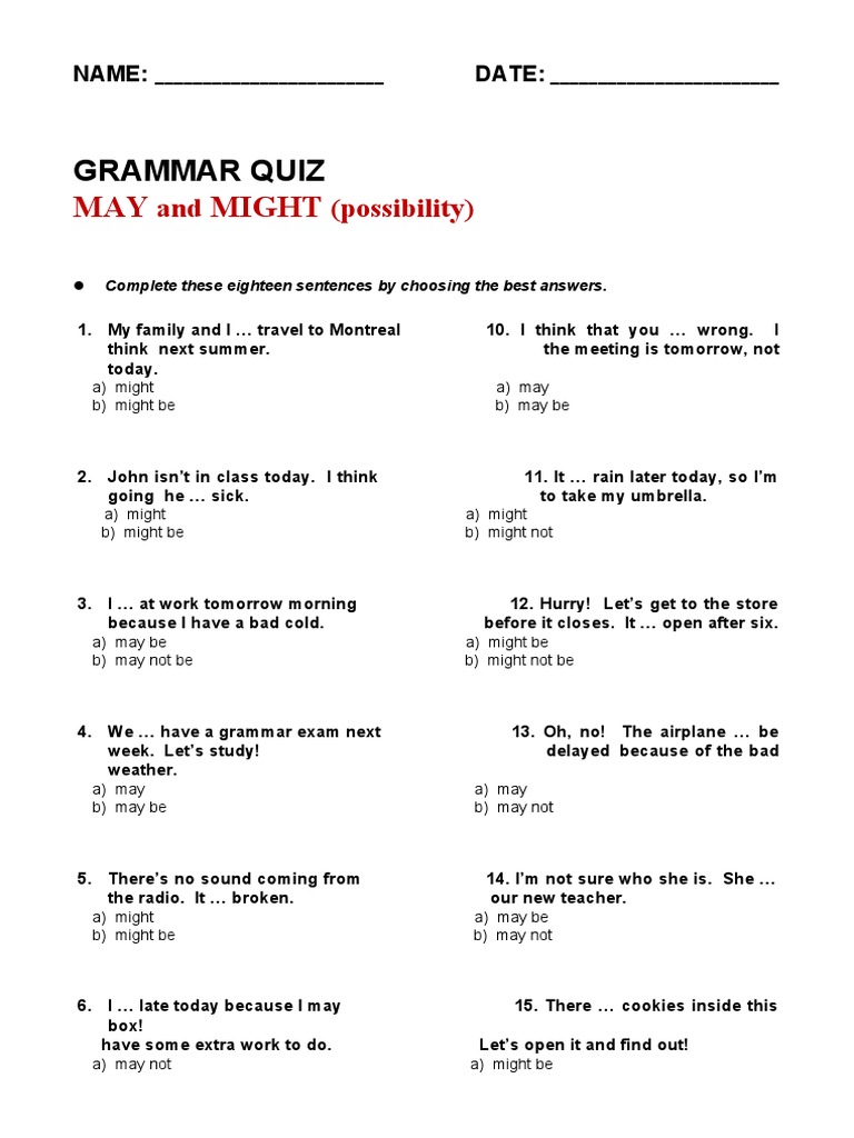 Grammar Quiz: MAY Might | PDF