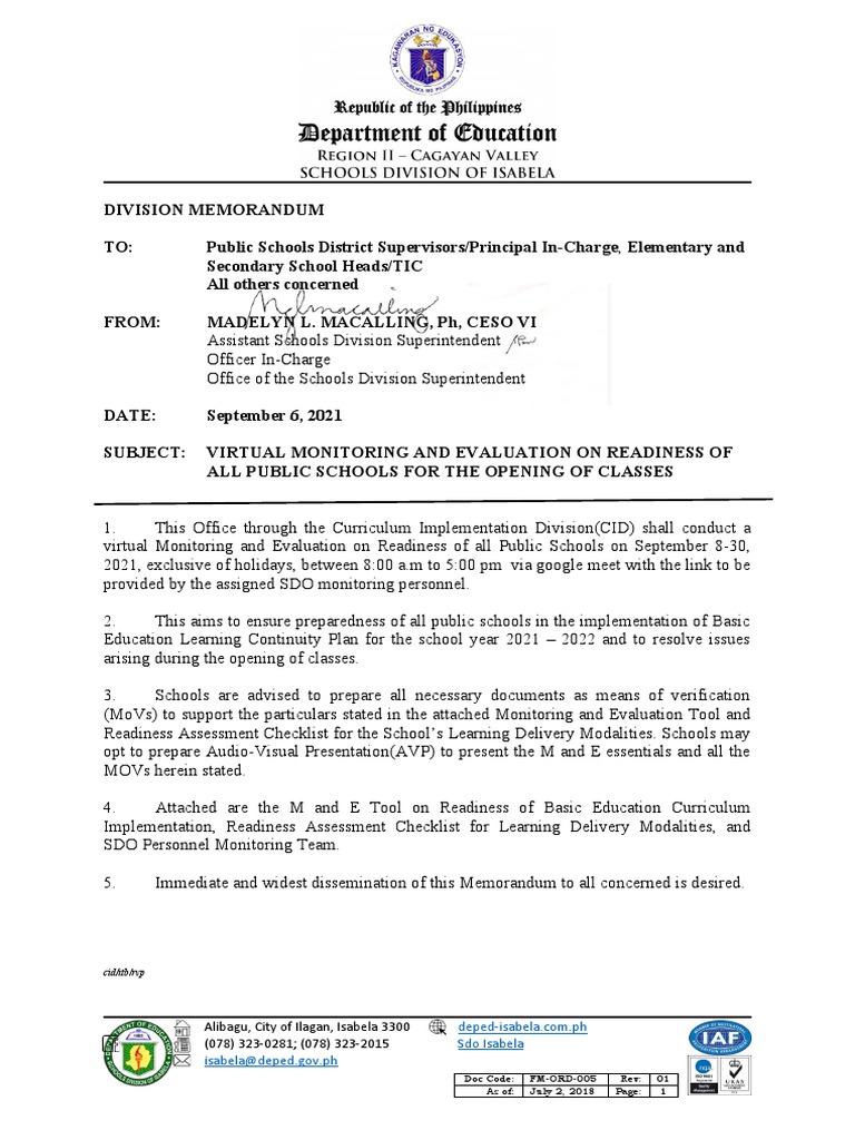 Vintar ES Memo On Readiness of Public Schools BEC Implementation SY2021 ...