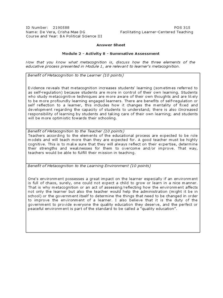 CRISHA MAE DE VERA - Answer Sheet-Activity 8-Module 2 | PDF