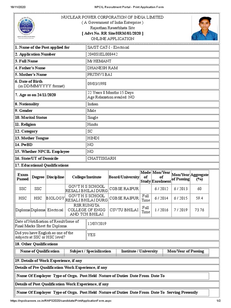 NPCIL Recruitment Portal - Print Application Form | PDF