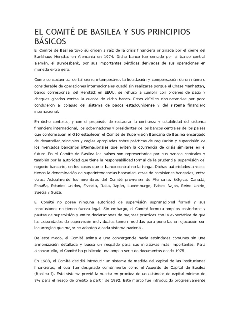 El Comité de Basilea y Sus Principios Básicos | PDF | Comité de Basilea ...