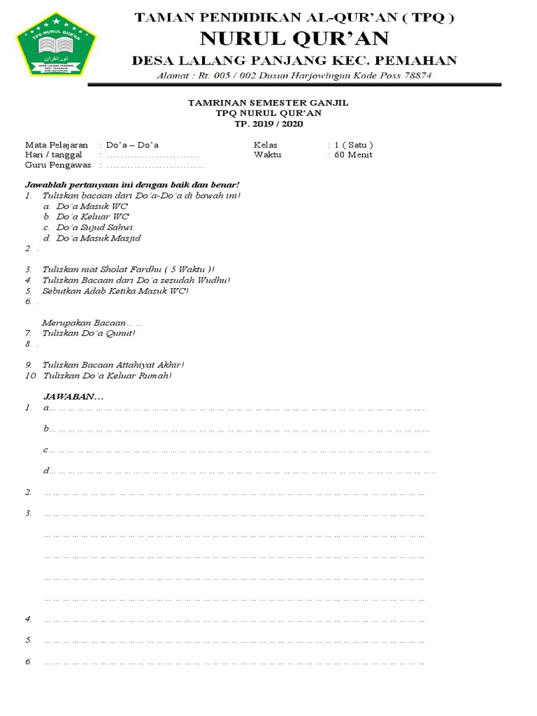 Kop Soal TPQ Kls 1 | PDF