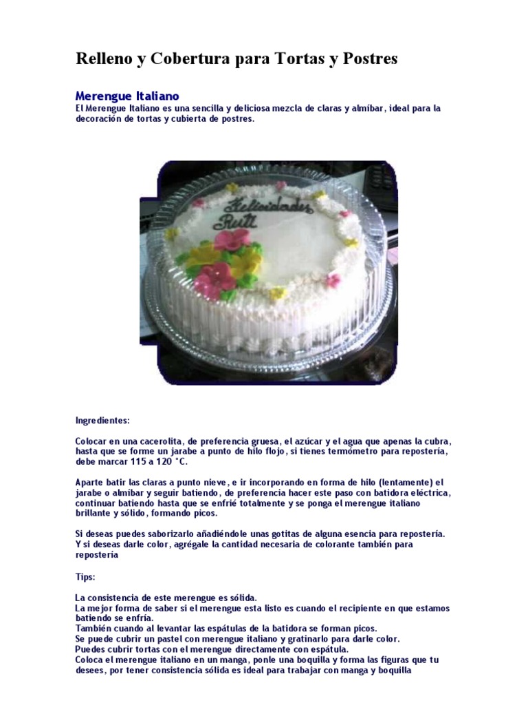 Variadas opciones de rellenos y coberturas para tortas y postres | PDF | Postres | Crema