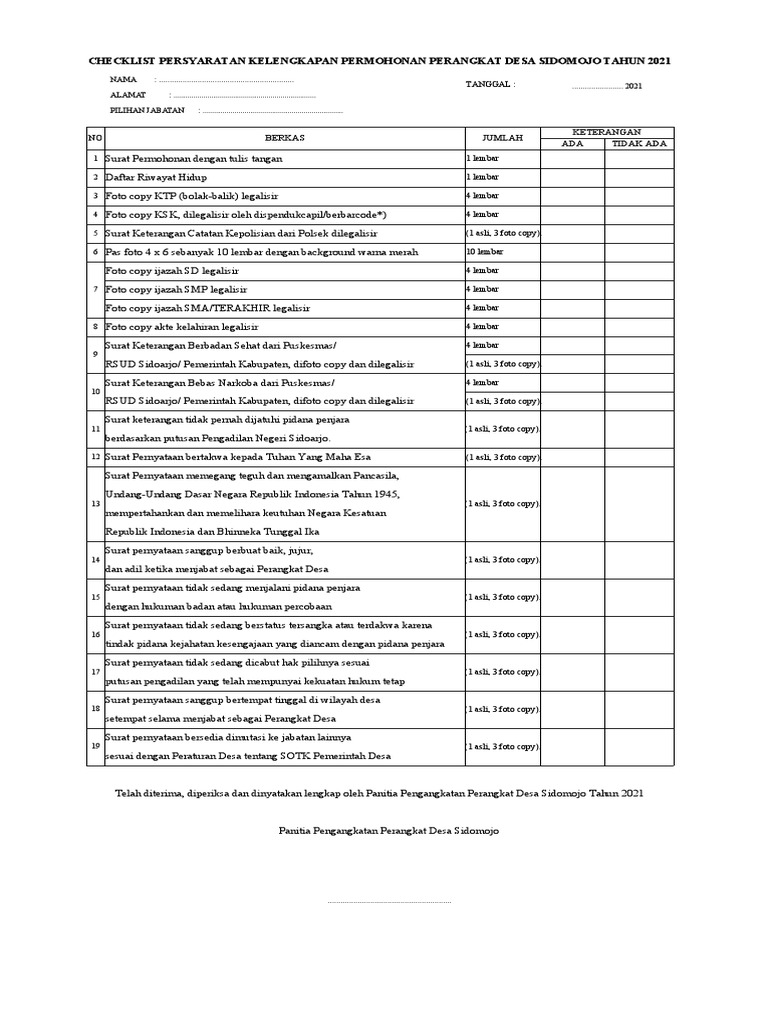 Checklist Persyaratan Pendaftaran Perangkat Desa | PDF