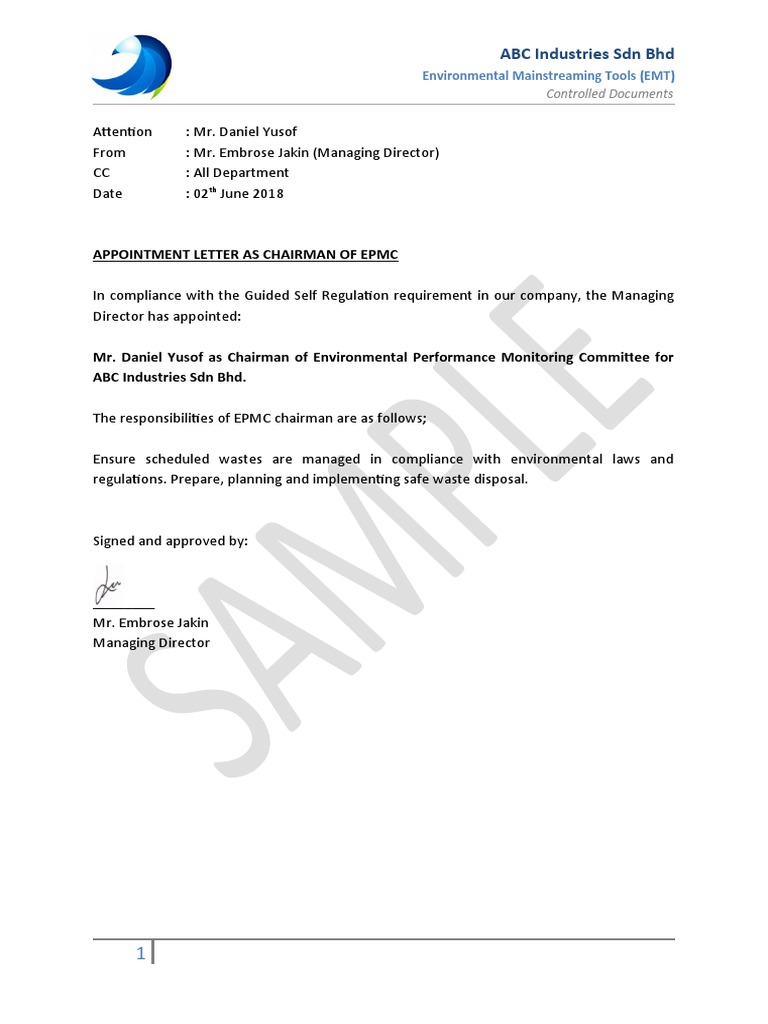 Appointment Letter: EPMC Chairman | PDF