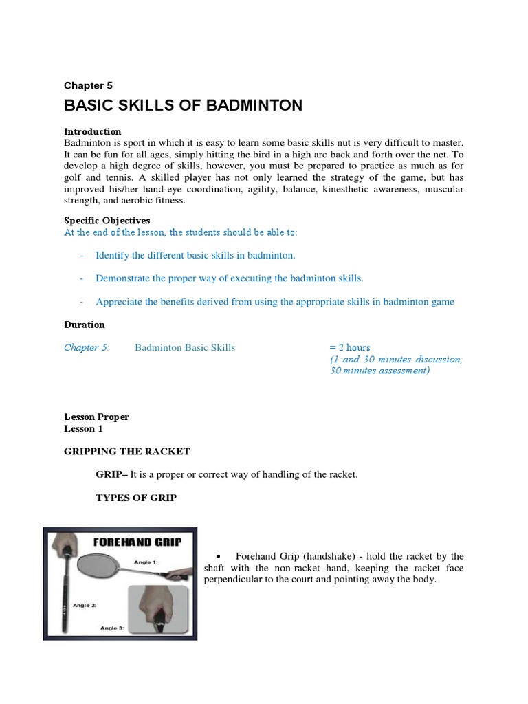 Basic Skills of Badminton: (1 and 30 Minutes Discussion 30 Minutes ...